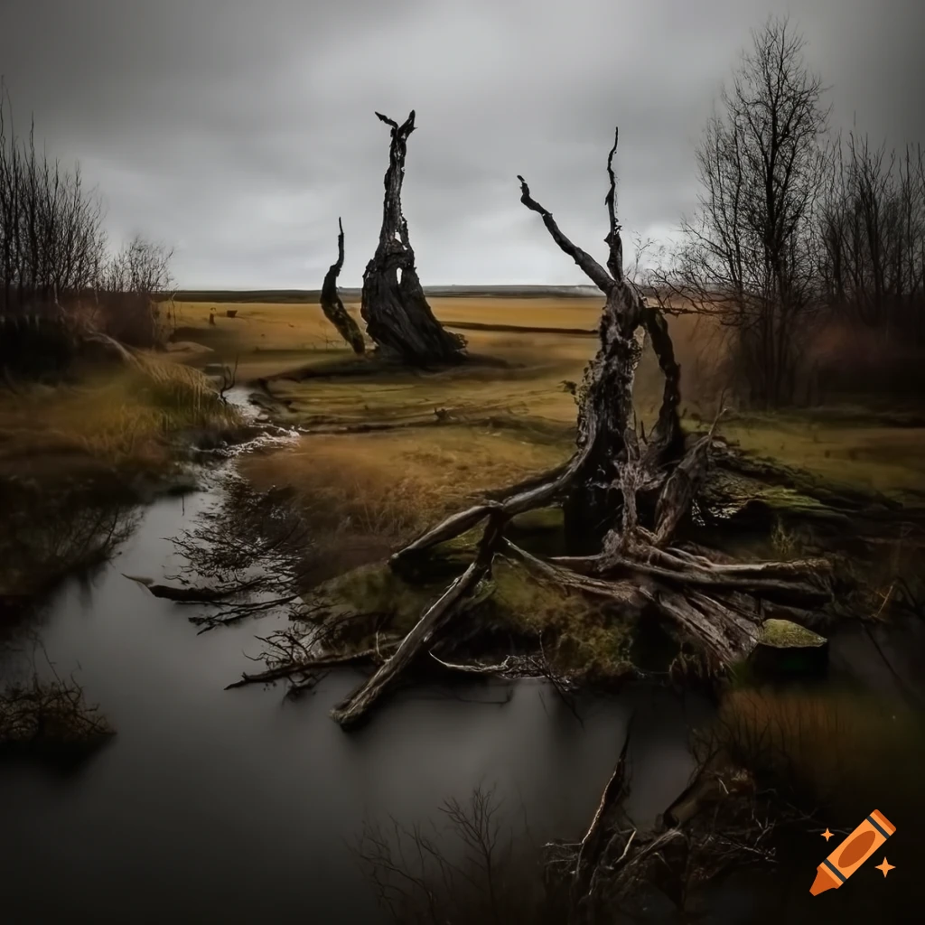 Dark landscape with broken trees and stormy sky on Craiyon