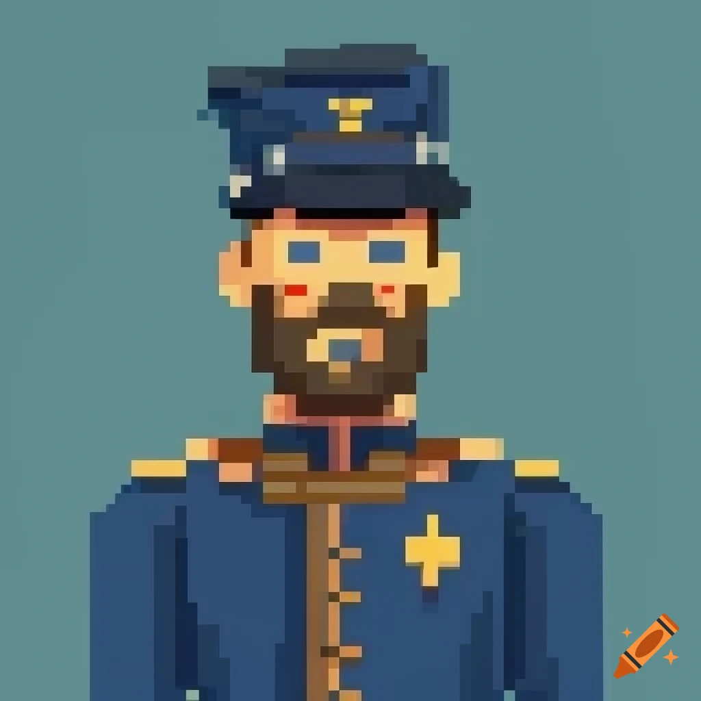 Pixel art of a military officer in a gray uniform with blue accents on ...