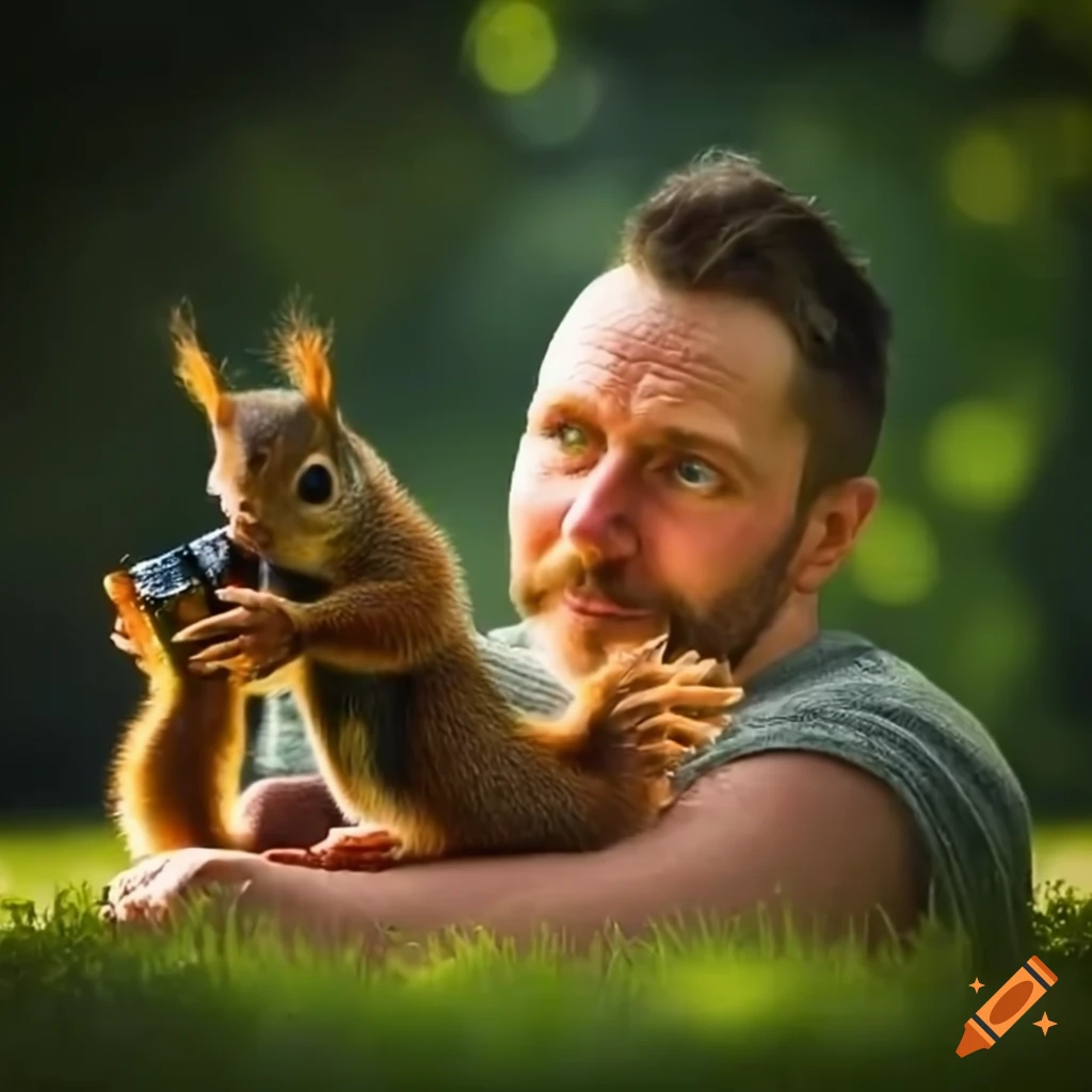 Man enjoying nature with squirrels in a park