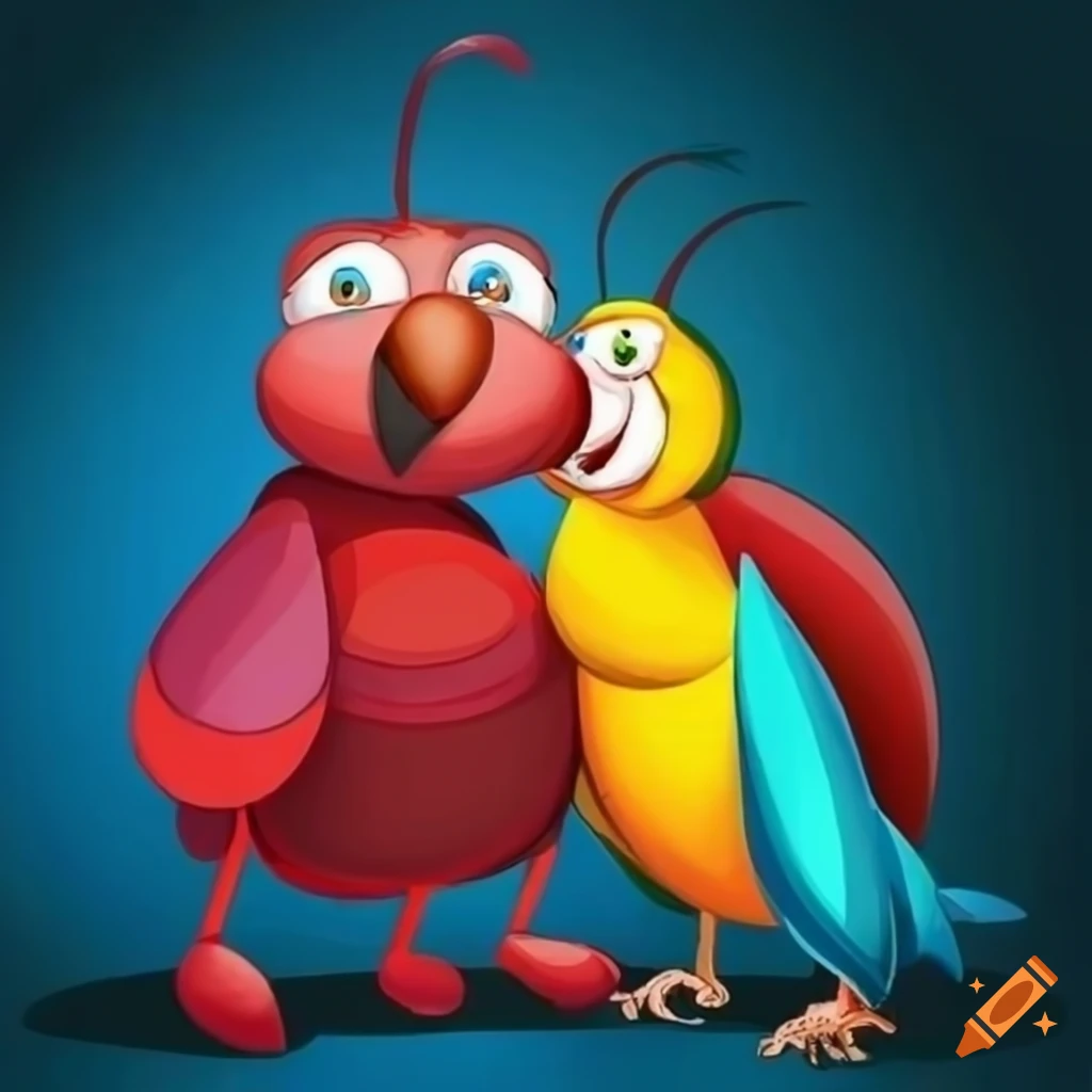 Colorful cartoon of a bug hugging a parrot on Craiyon