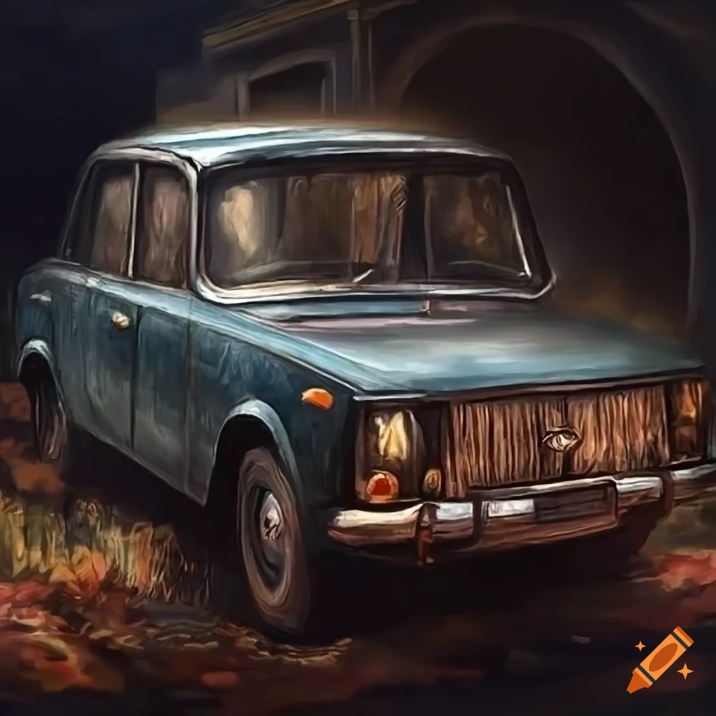 Realistic painting of a lada car inside a mausoleum on Craiyon