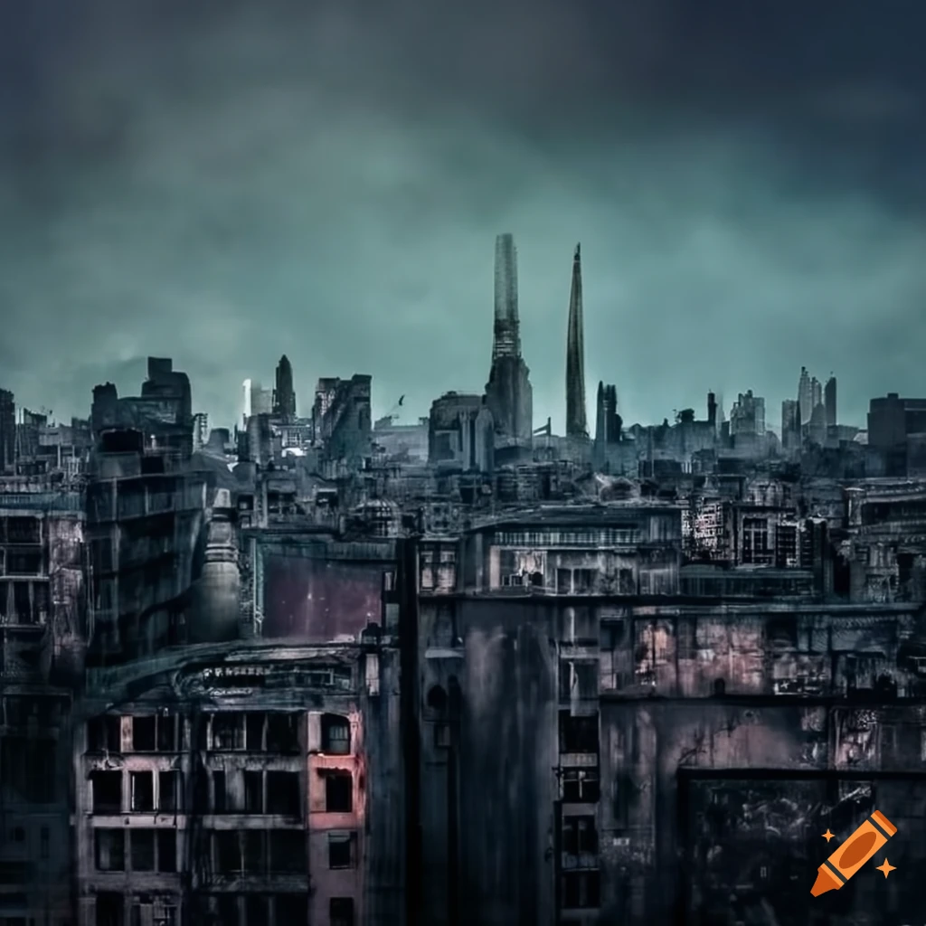 Photograph of a decayed futuristic city skyline