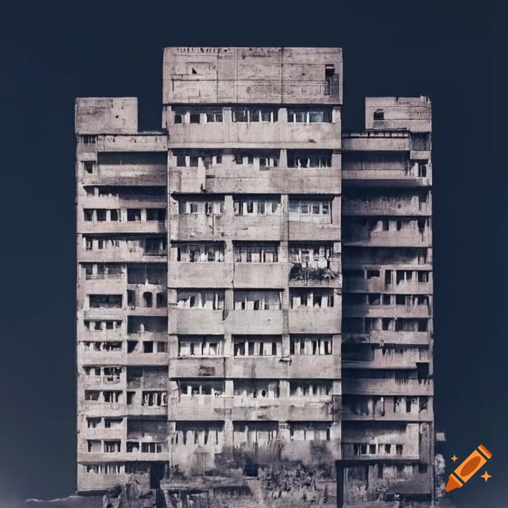 Poster with brutalist architecture and the band Molchat Doma on Craiyon