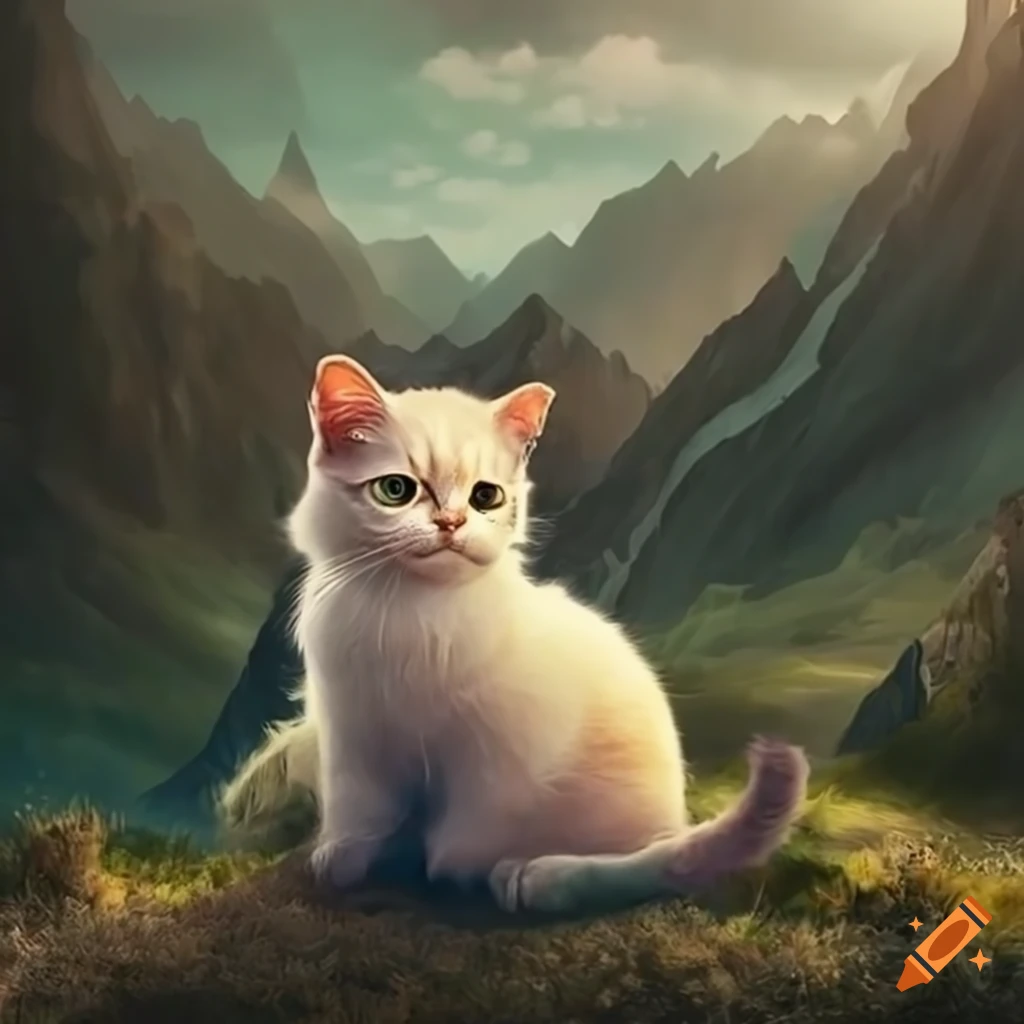 Mountain landscape with a small fantasy kitty on Craiyon