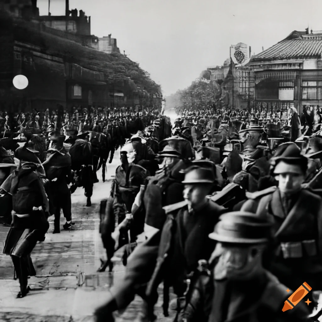 Black and white photo of a military march in Tokyo, 1930 on Craiyon