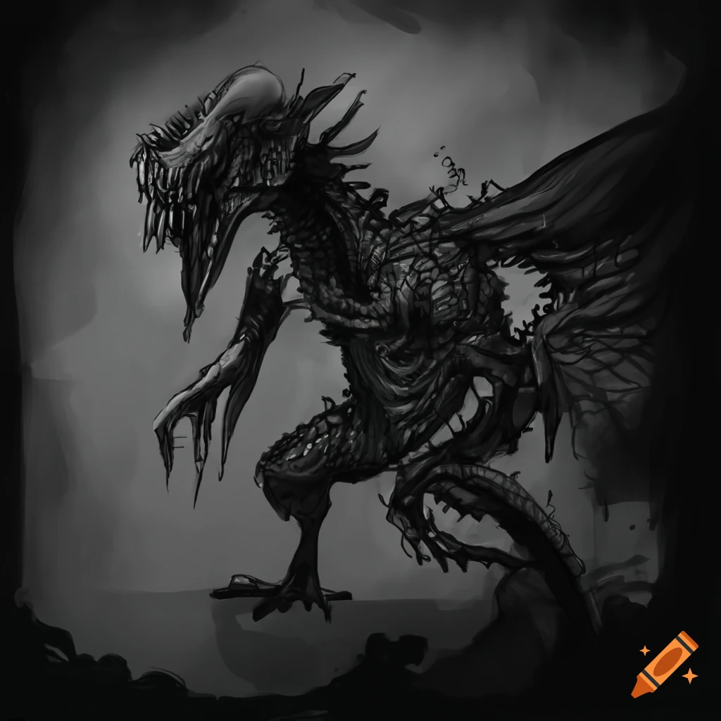 Cryptic sketch of a dark wyvern on Craiyon