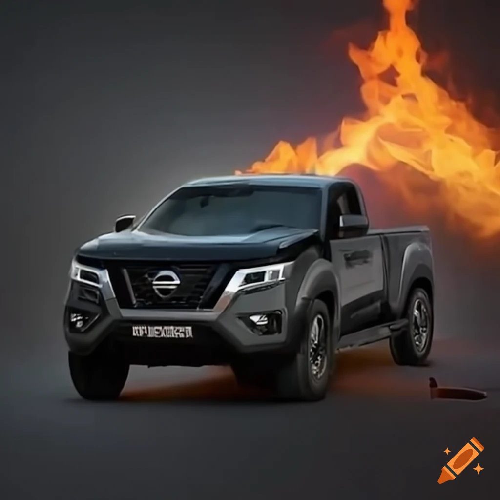 Stunt truck flying off a ramp with fire