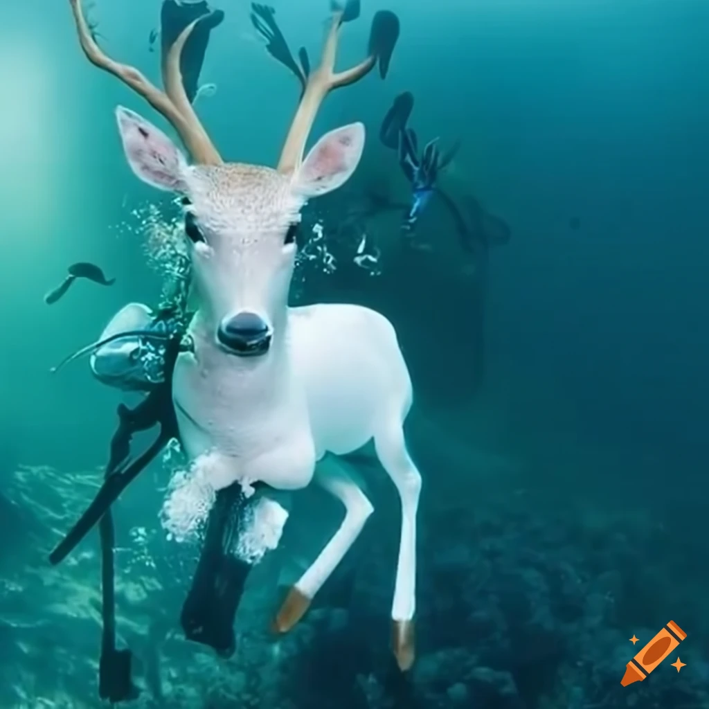 White deer underwater with scuba diver on Craiyon