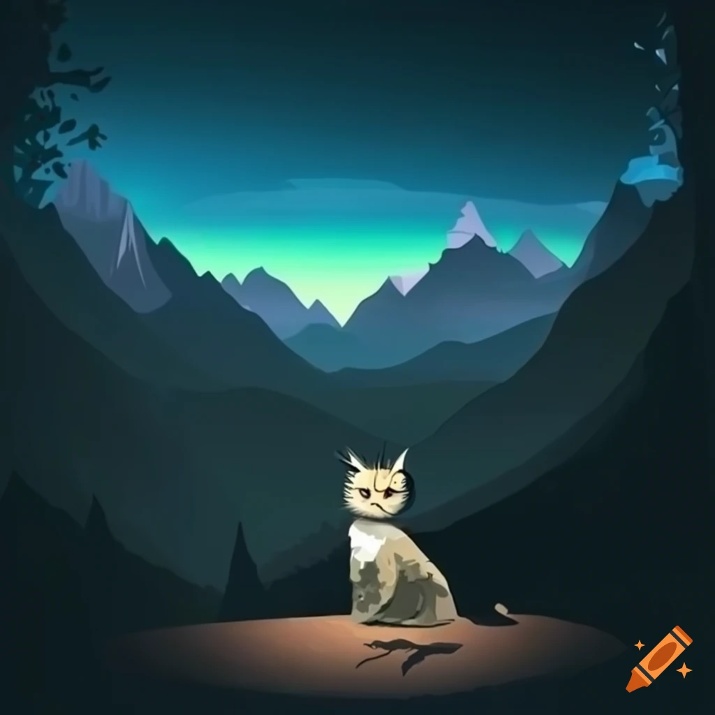 Cartoon cat with mountain landscape on Craiyon