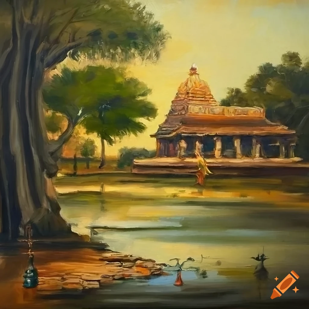 Oil painting of a pond next to a temple and an ashwatha tree on Craiyon