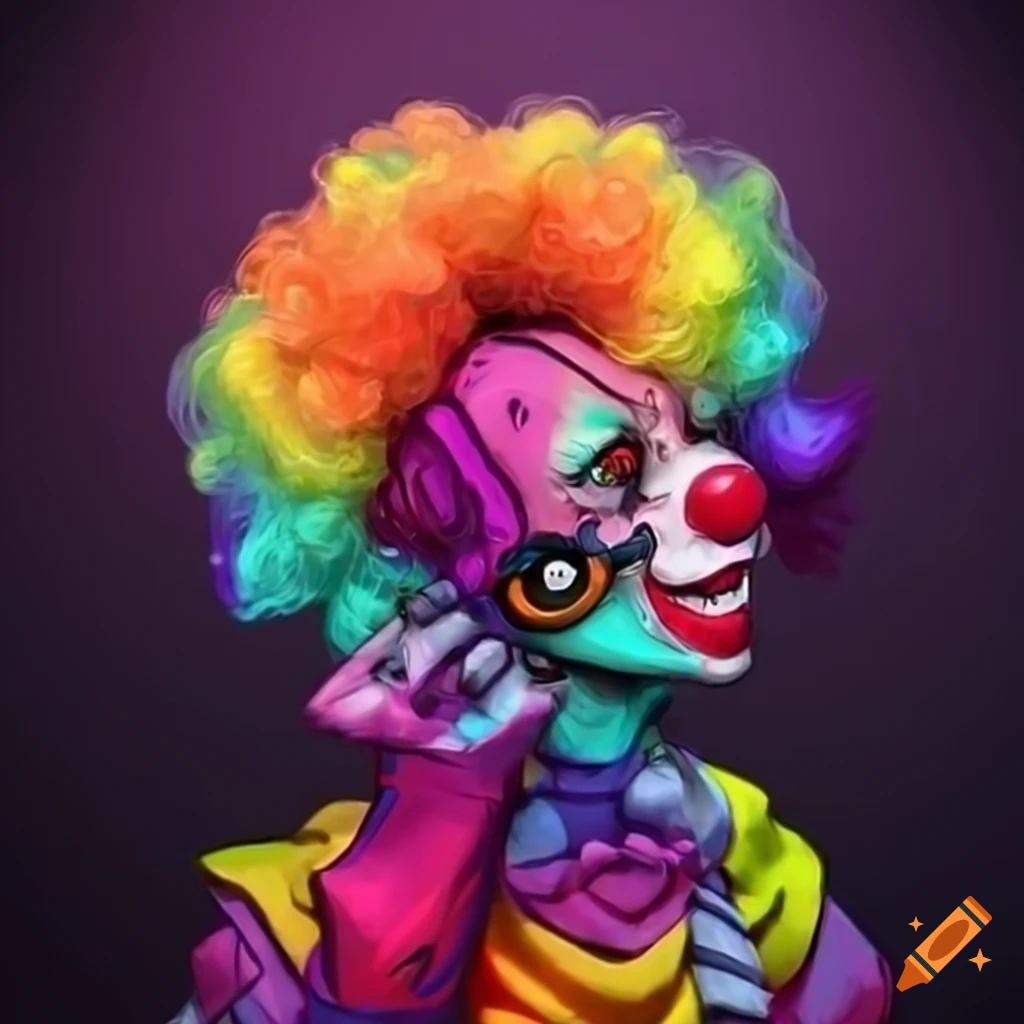 Colorful female clown oni with gray to red ombre hair on Craiyon