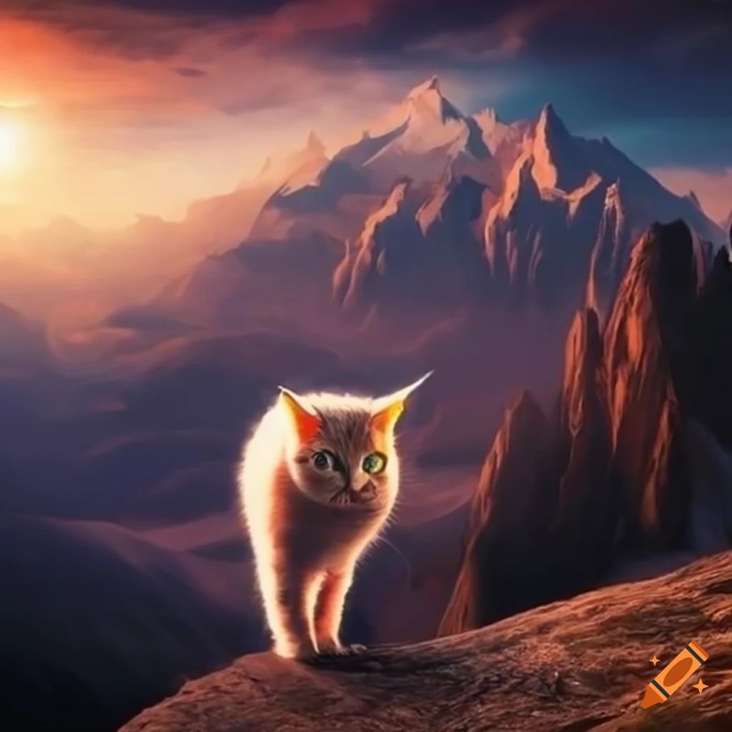 Fantasy cat in front of a stunning mountain view