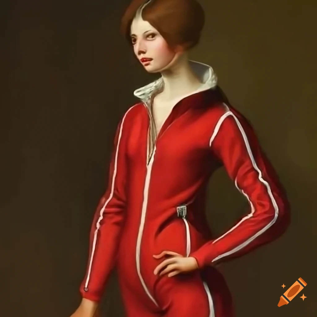 Renaissance-style painting of three women in red tracksuits