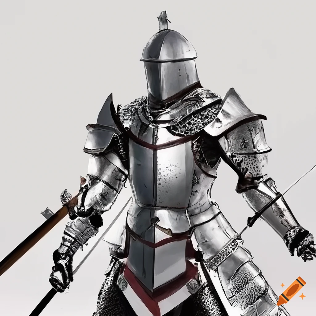 Knight in gray with giant shield and sallet in a realistic sketch on ...