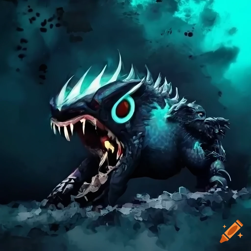 Hyperrealistic digital illustration of a terrifying monster with glowing eyes on Craiyon