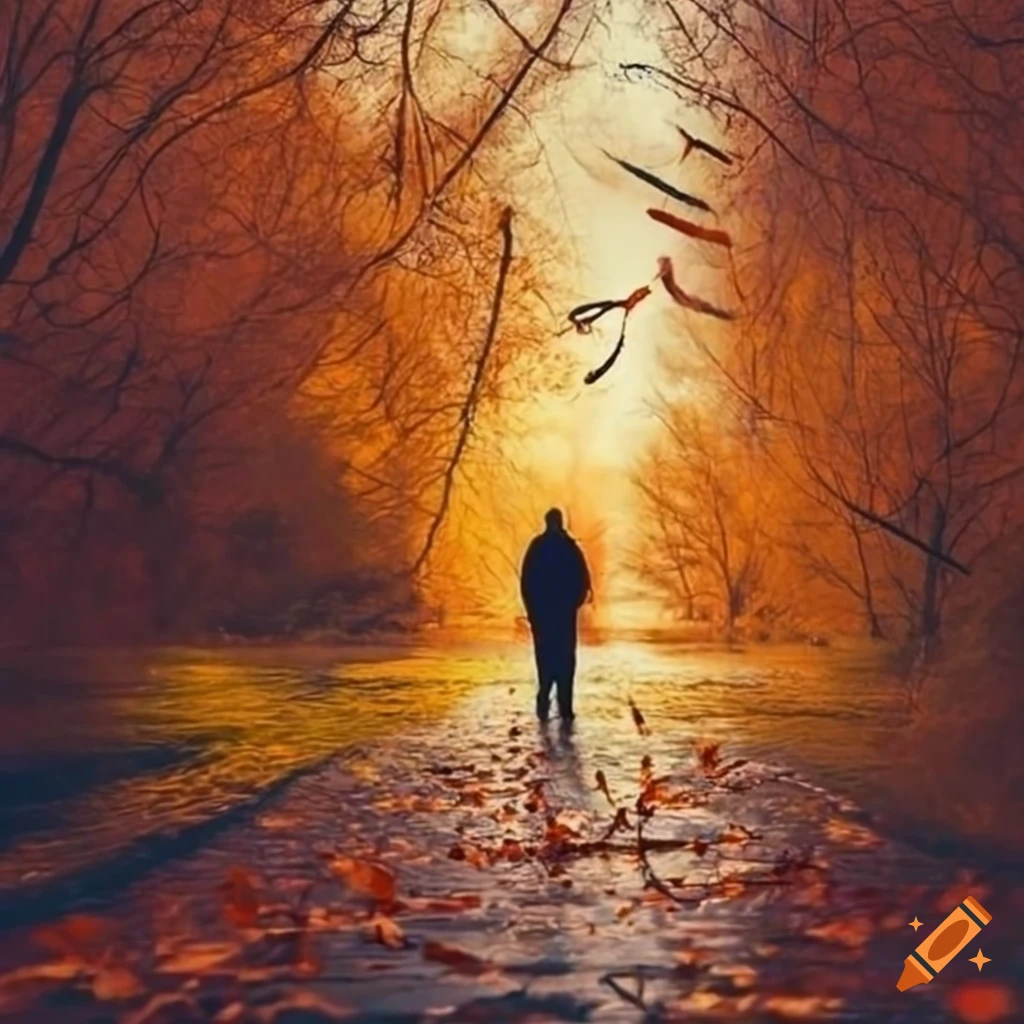 Man standing alone by the river during sunset in autumn on Craiyon