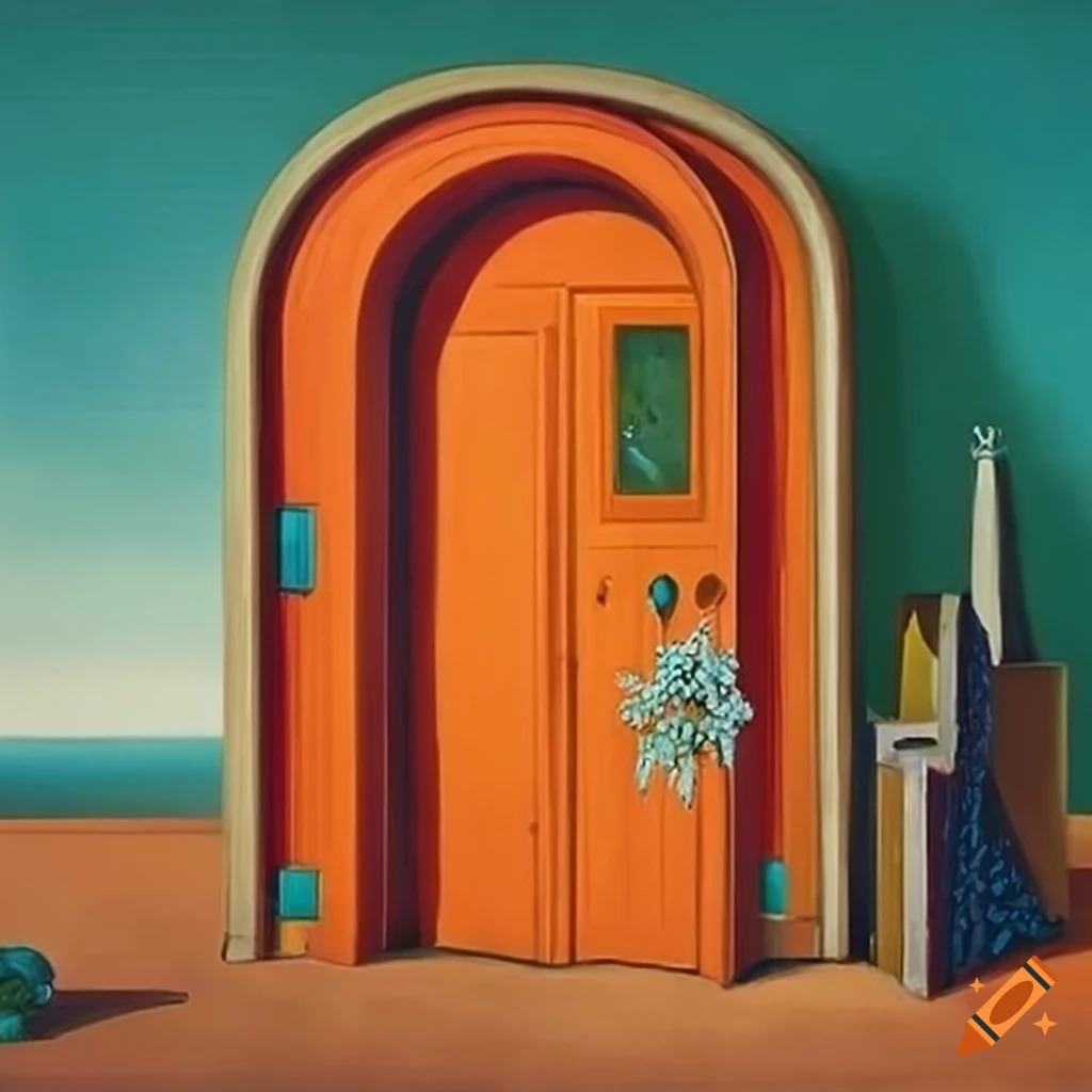 Surreal artwork with an orange door and flower vase on Craiyon