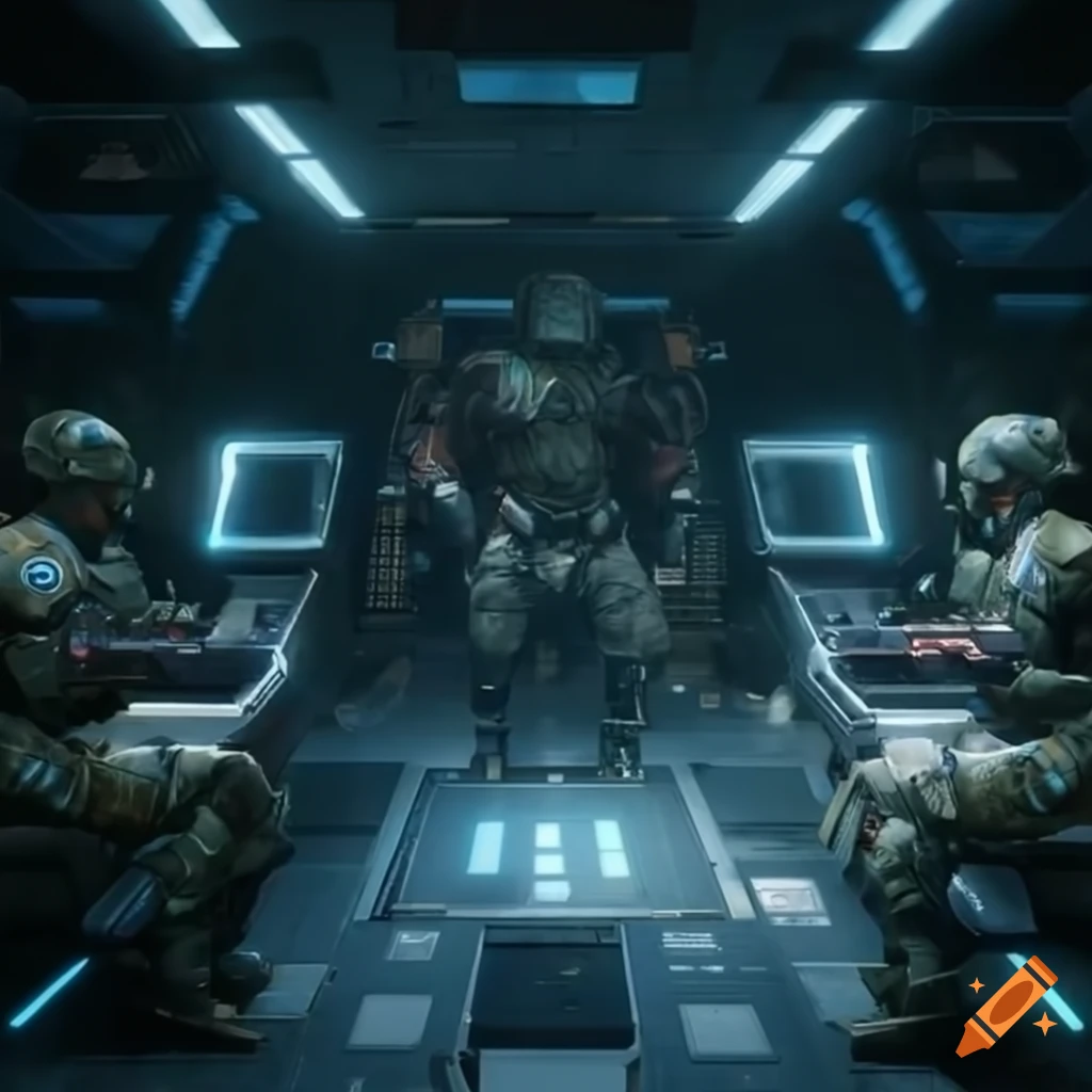 Sci-fi military room with american soldiers and hologram map table on ...