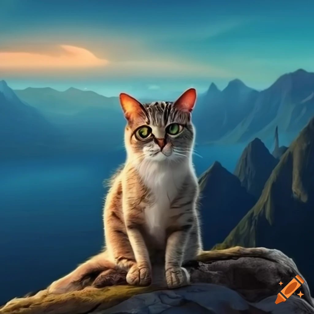 Fantasy cat in front of a stunning mountain view on Craiyon
