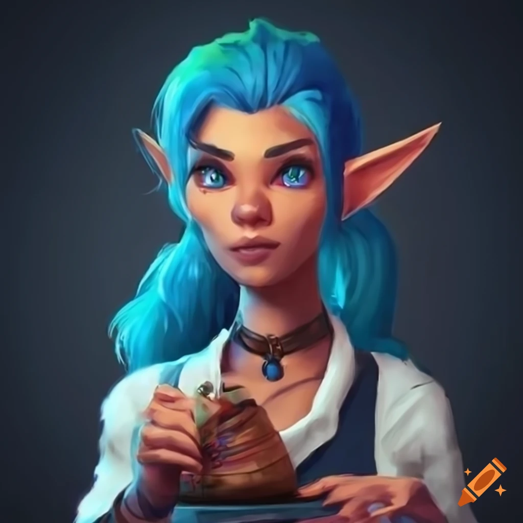 Blue-haired female bartender in a fantasy tavern on Craiyon