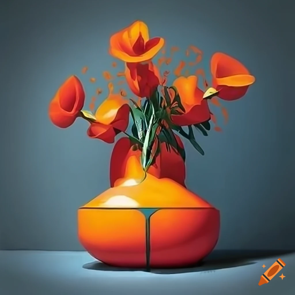 Surreal artwork with an orange door and flower vase on Craiyon