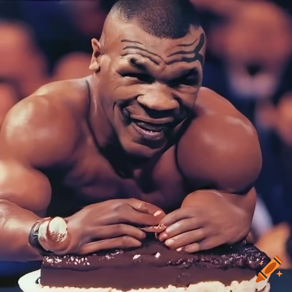 Mike tyson eating chocolate cake in a boxing ring on Craiyon