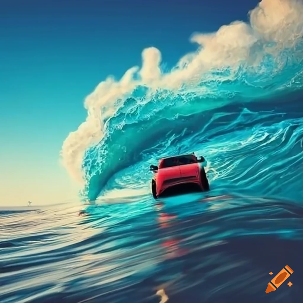 Painting with waves and car on Craiyon