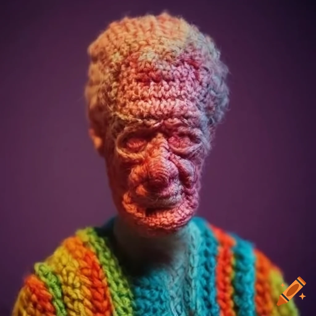 Colorful crochet knit portrait of tom atkins on Craiyon