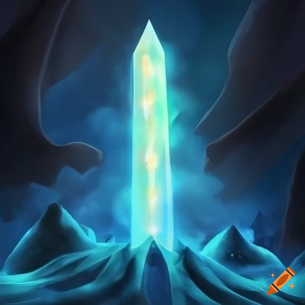 Fantasy art of a glowing obelisk surrounded by blue fire on Craiyon