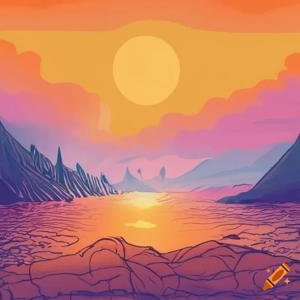 Hand-drawn magical valley at sunset on Craiyon