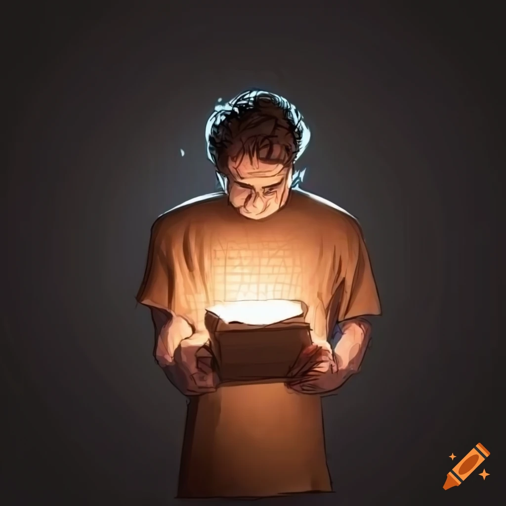 Sketch of a man exploring a glowing box on Craiyon
