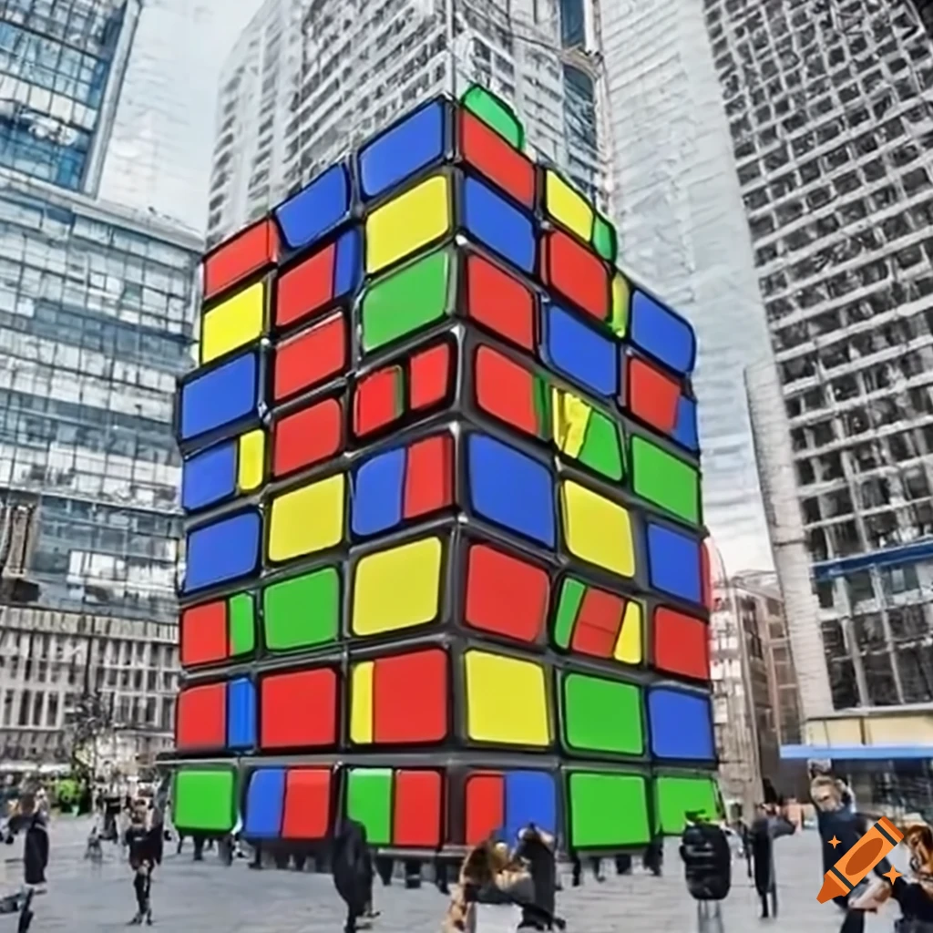 Giant rubik's cube sculpture in a city on Craiyon