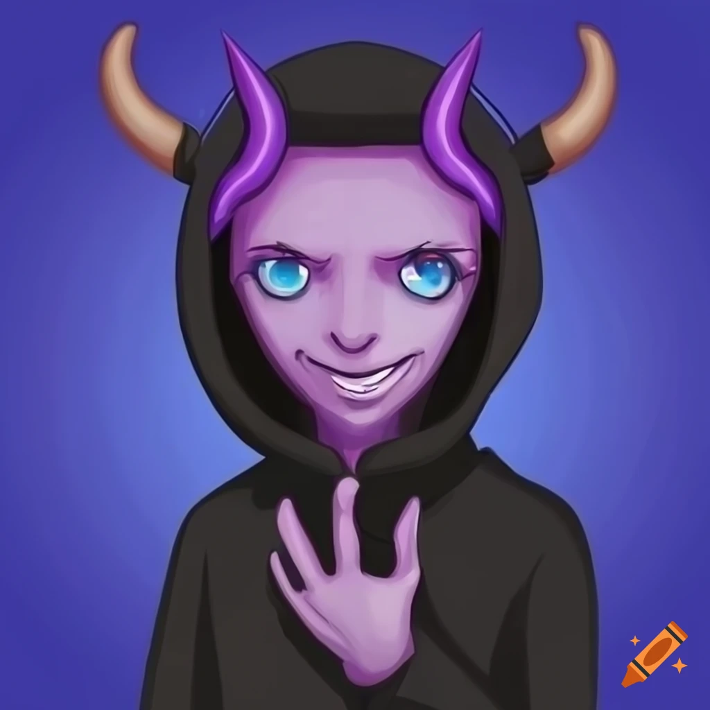 Cartoon avatar with purple demon horns and blue eyes on Craiyon