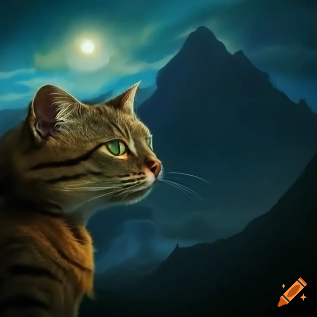 Fantasy cat with stunning mountain view on Craiyon
