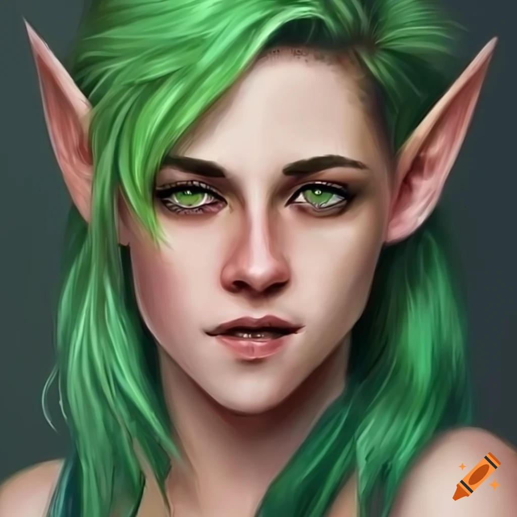 Handsome male elf with dark skin, green hair, and short beard on Craiyon