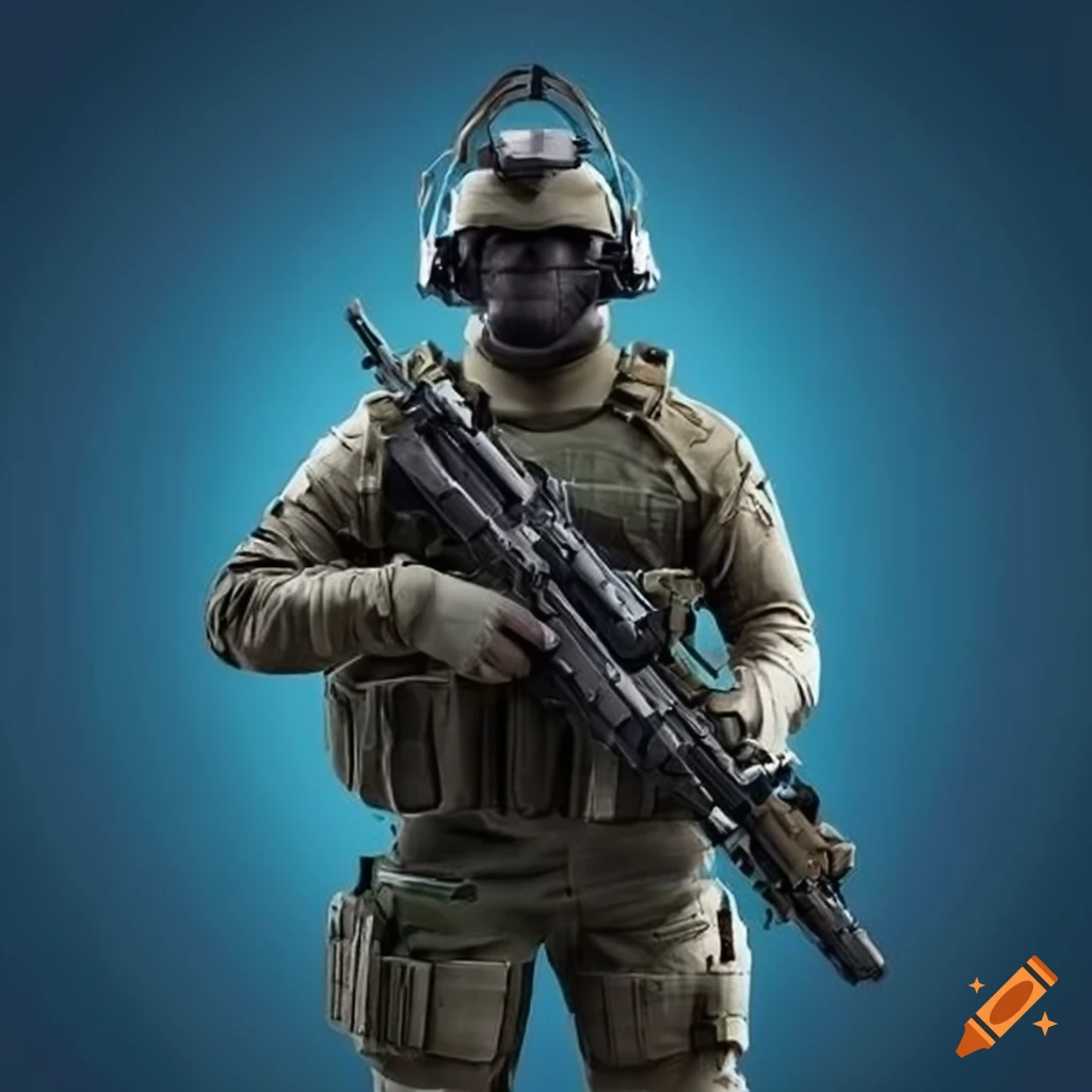 Image of a modern soldier with rifle on blue background