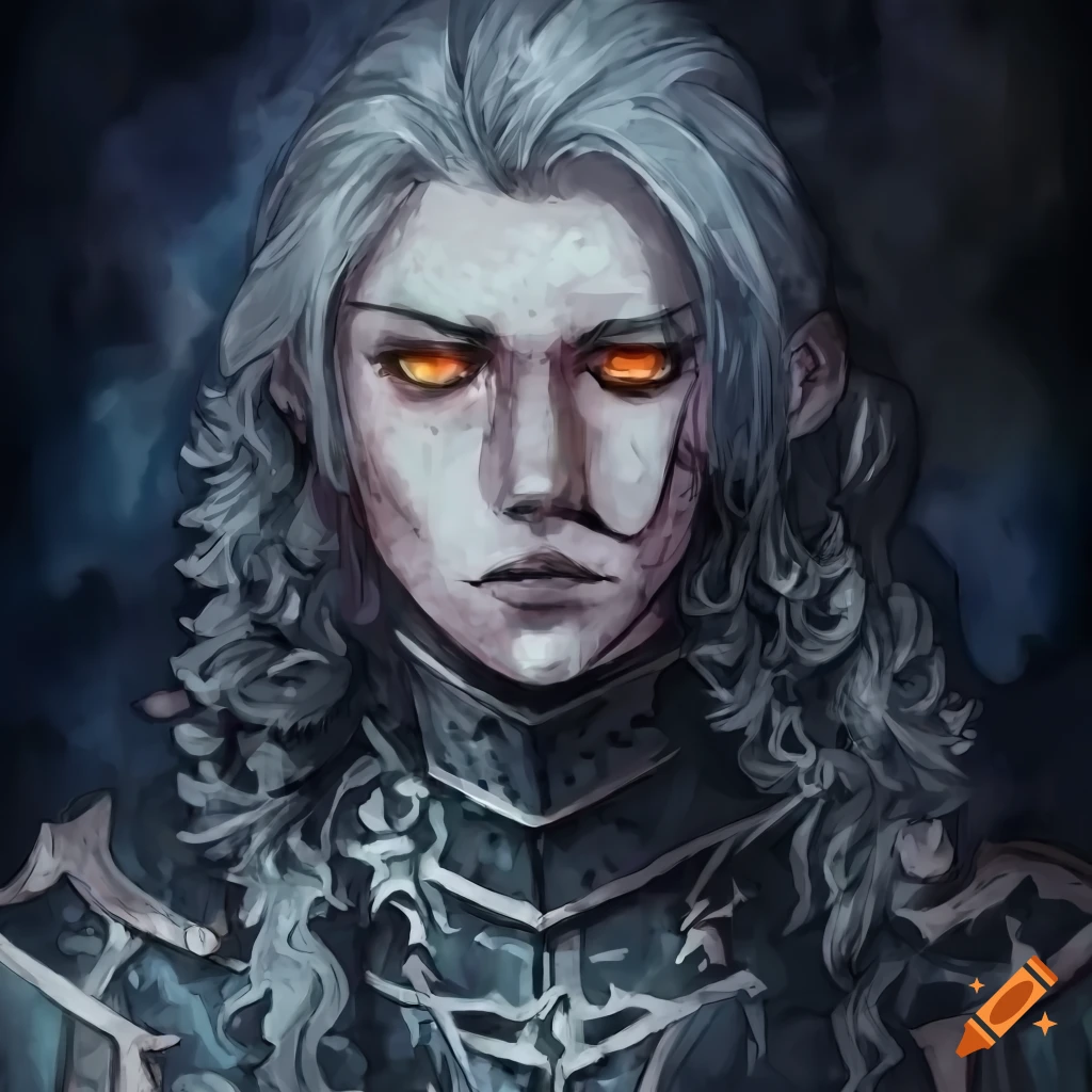 Anime-style concept art of a weary knight with grey hair and orange ...