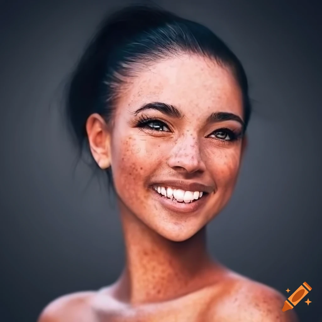 High-resolution portrait of a young woman with freckles and green eyes on Craiyon
