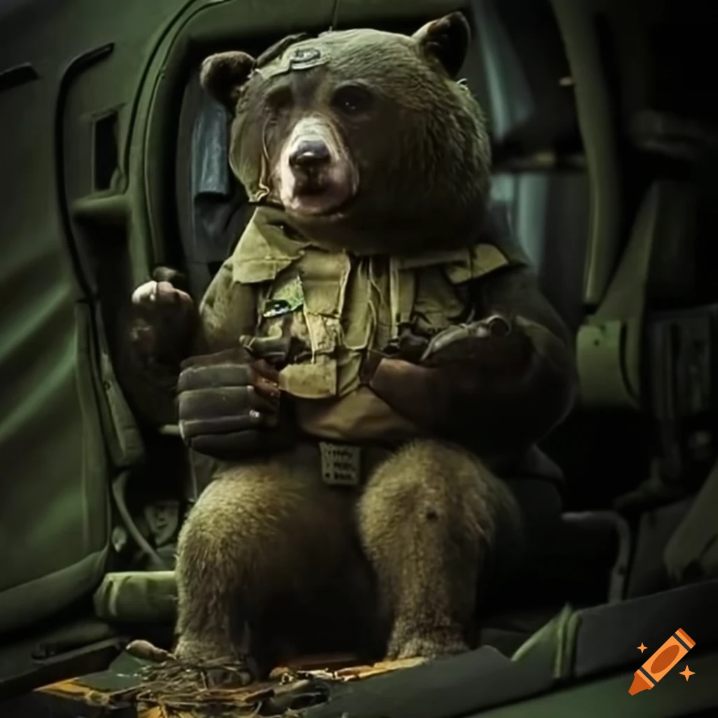 Bear in a vietnam war helicopter in u.s. army uniform on Craiyon