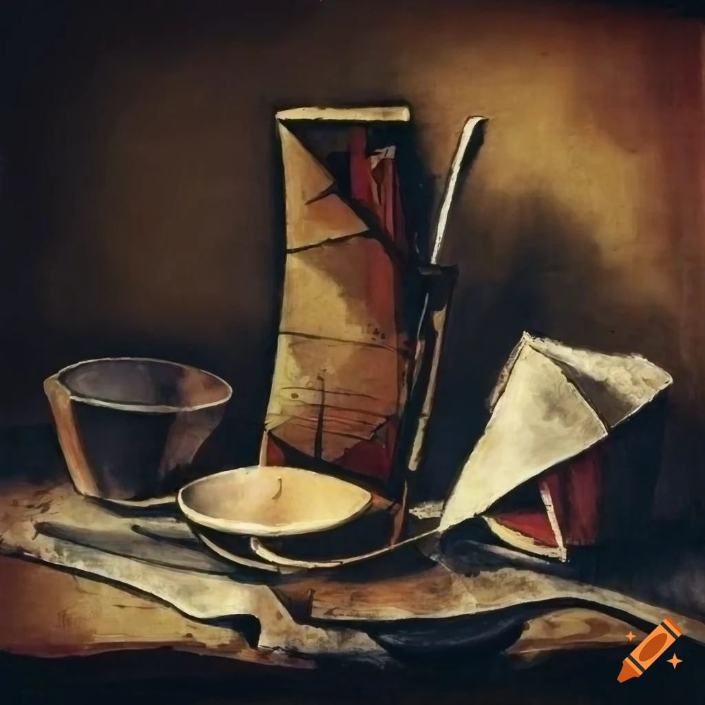 Cubist still life with old fabric and musical instruments
