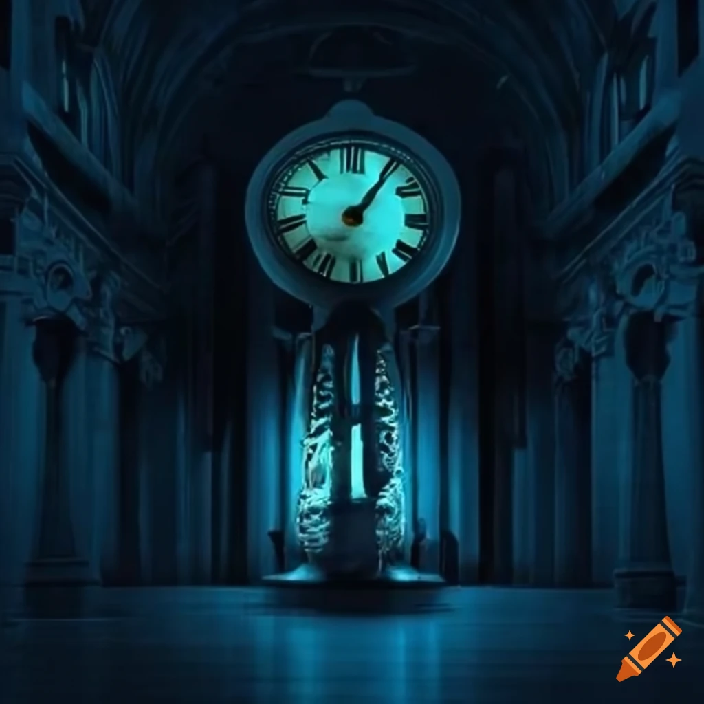 Spectral tower with a skeleton shape and clock on Craiyon