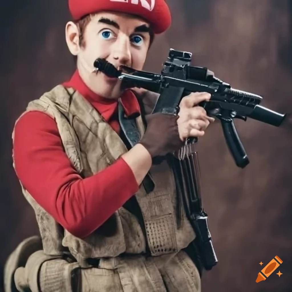 Mario with a machine gun and smoking a cigar