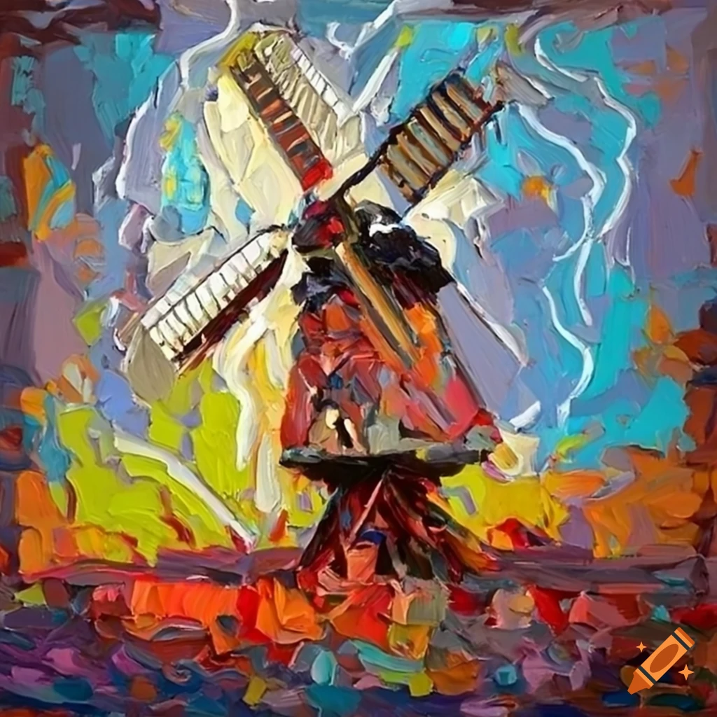Impressionist painting of a windmill and lightning bolts on Craiyon