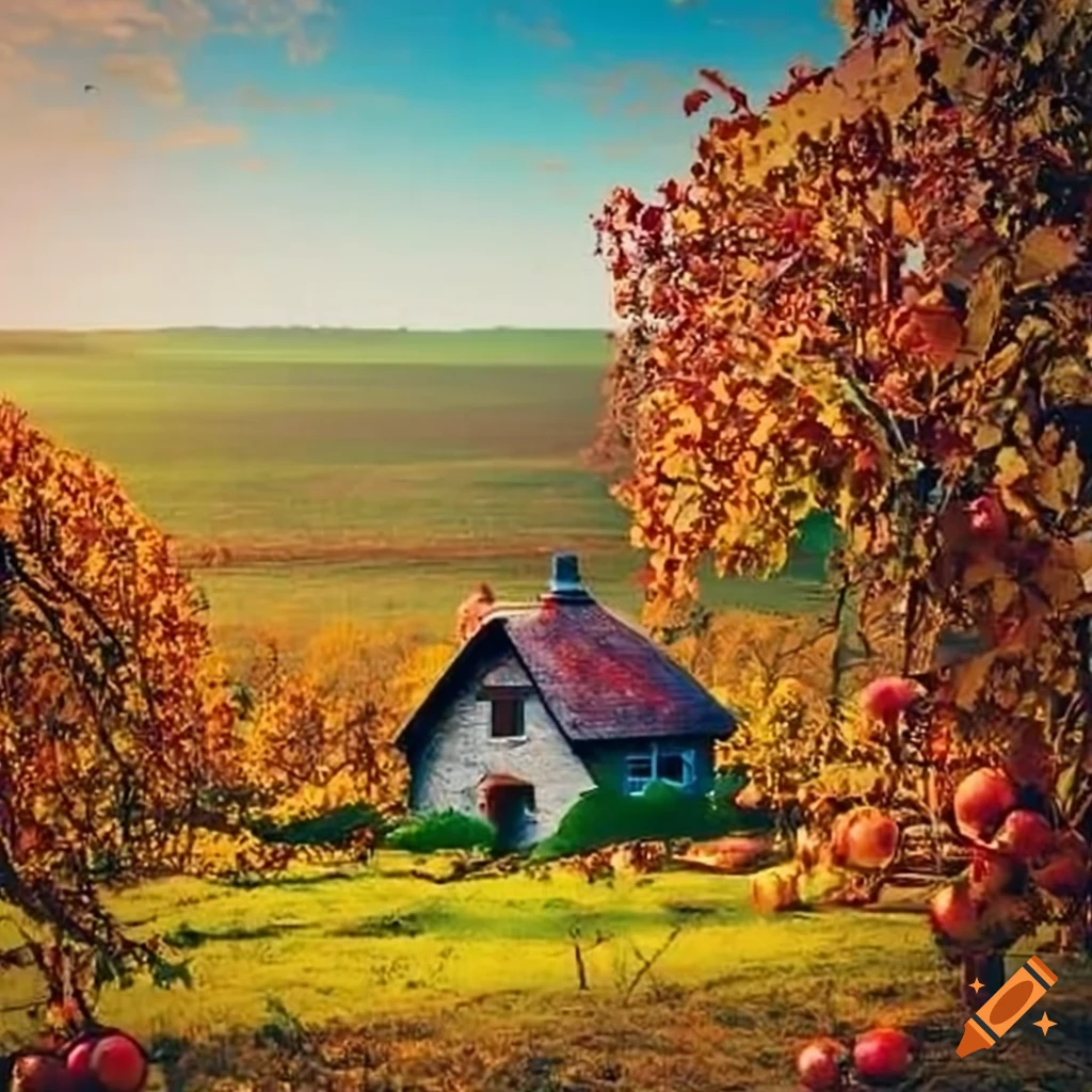 Autumn cottage surrounded by apple vines on Craiyon