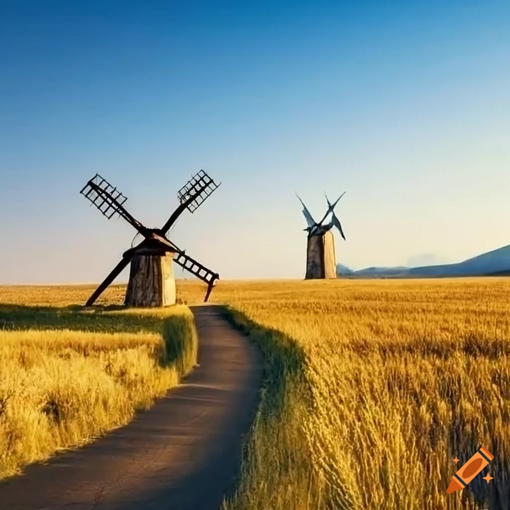 Pathway through medieval windmills and wheat fields