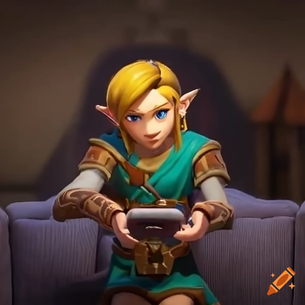 Link playing nintendo switch in hyrule on Craiyon