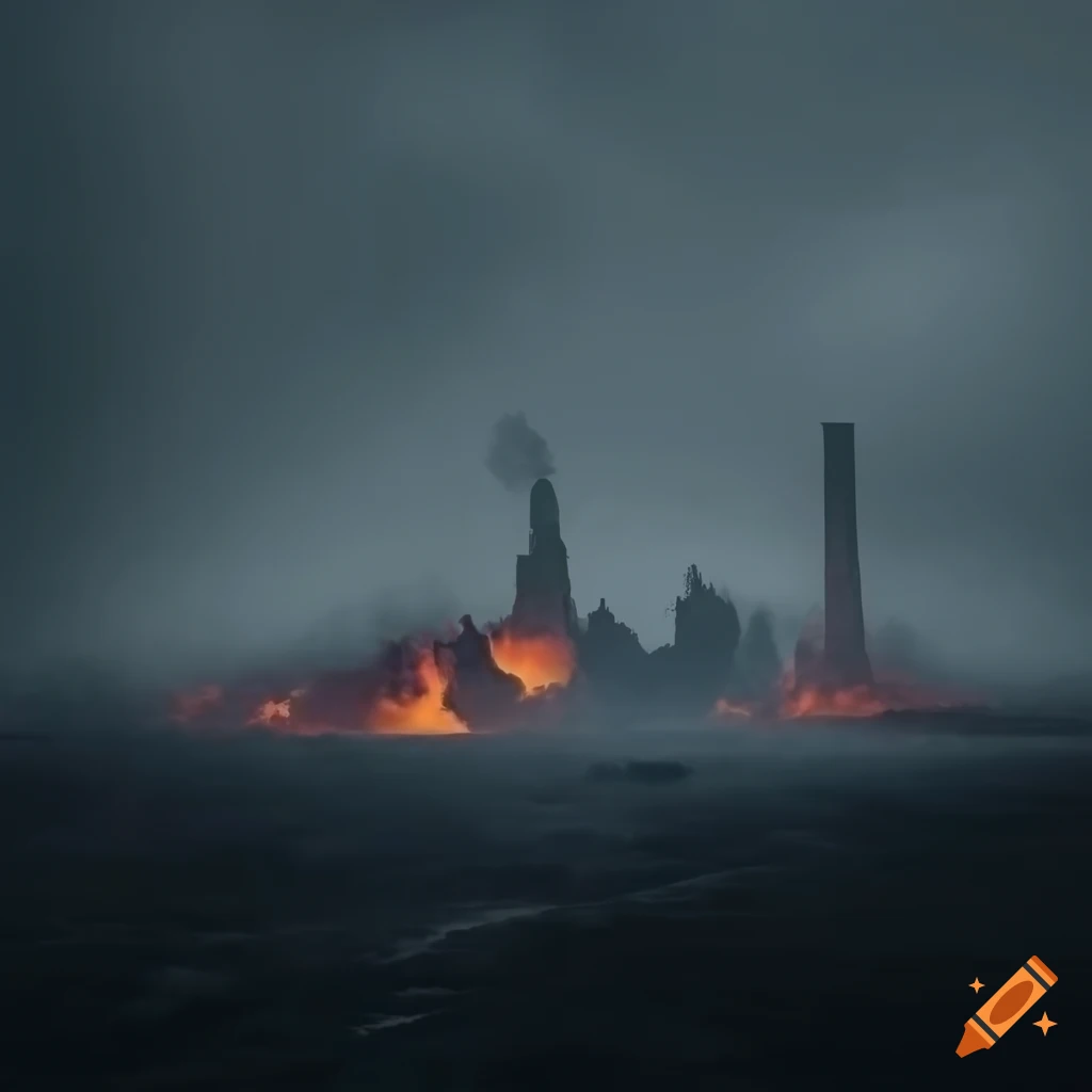 Post-apocalyptic industrial landscape with fire and smoke on Craiyon