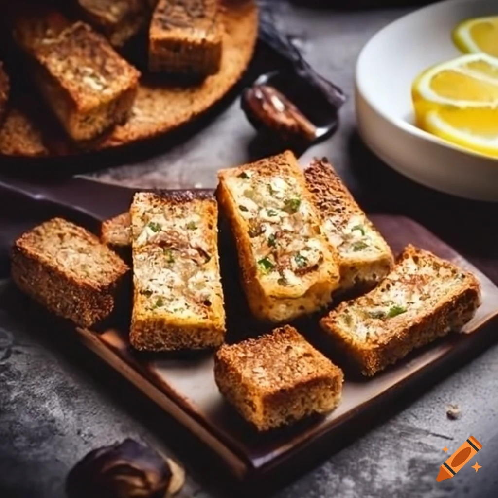 Crispy rye croutons with cheese, lemon, and garlic on Craiyon