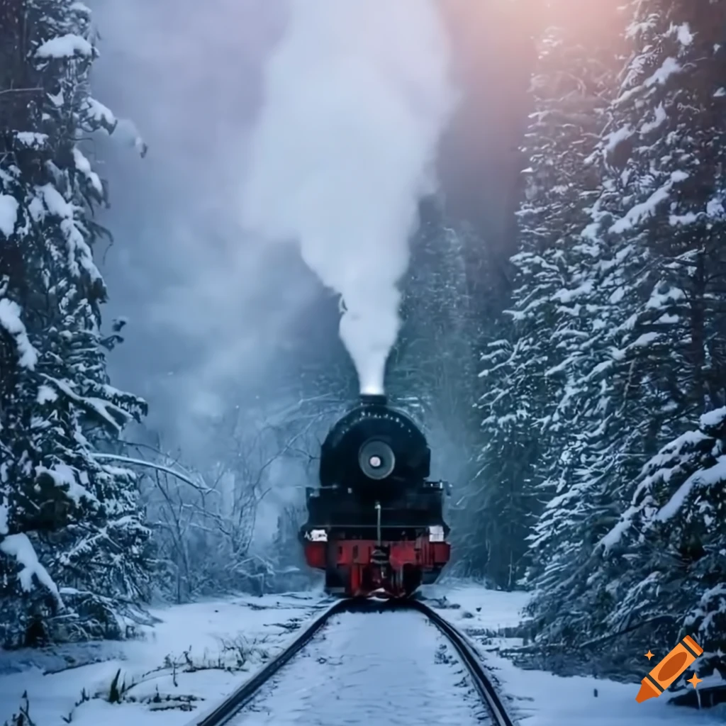 Winter scene with a steam train in a forest on Craiyon