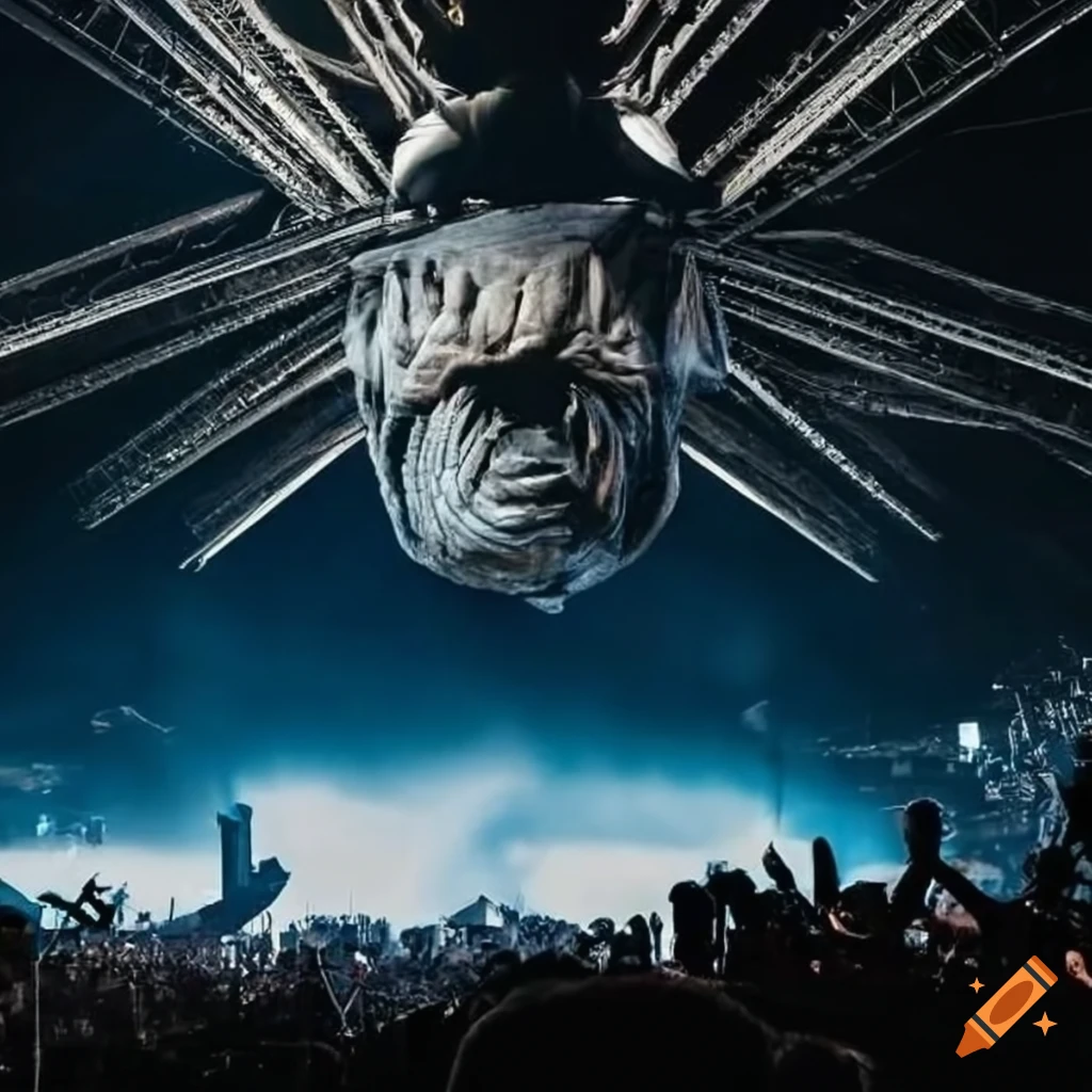 Rock concert arena with a giant peering from above